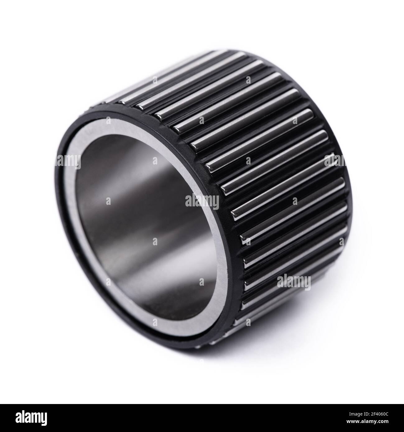 Single roller bearing with plastic part isolated on white background ...