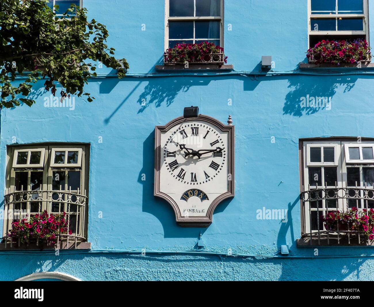 blue house facade with white windows and flowers in ireland Stock Photo ...
