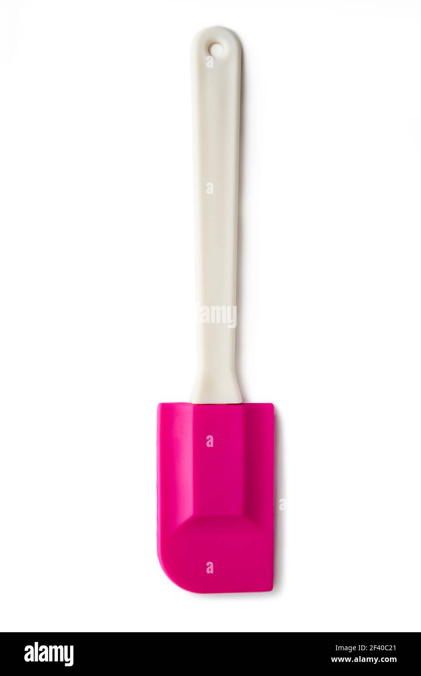 Overhead view of pink plastic spatula isolated on white background ...