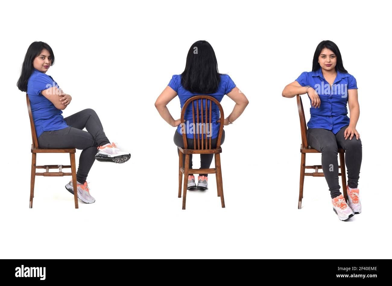 group of same woman of back, front and side with jeans, shirt and ...