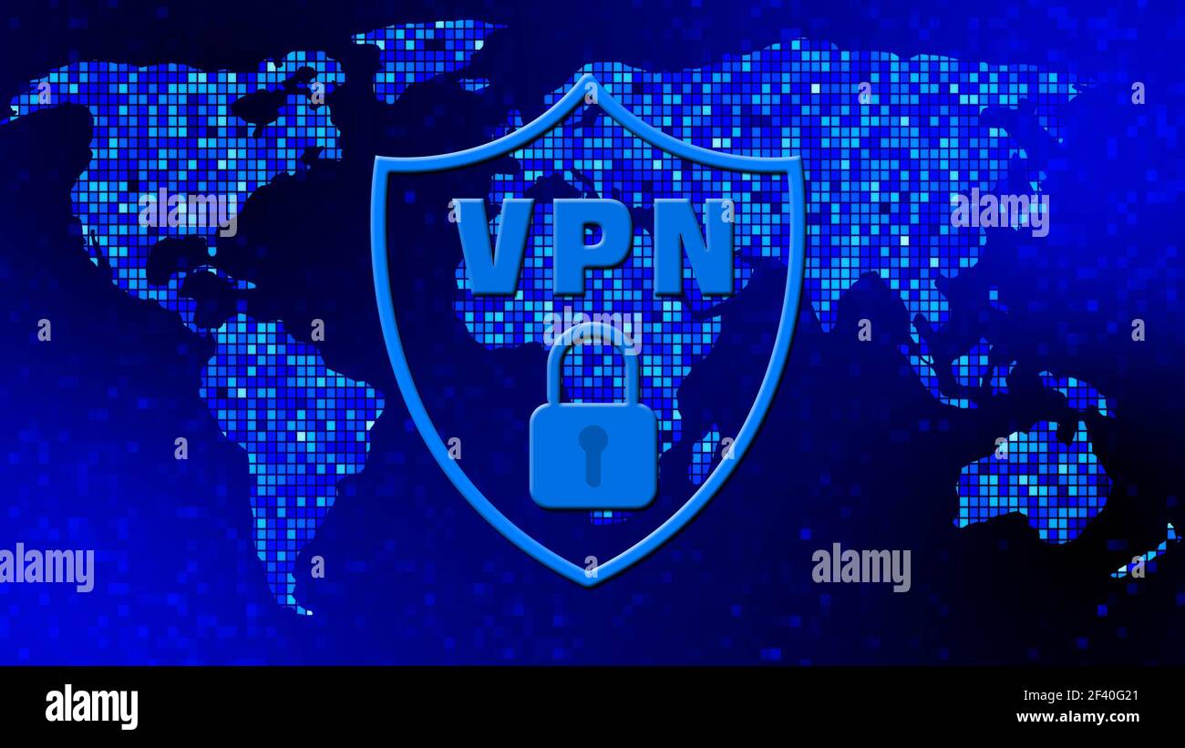 VPN blue logo in shield with padlock on world map over mosaic ...