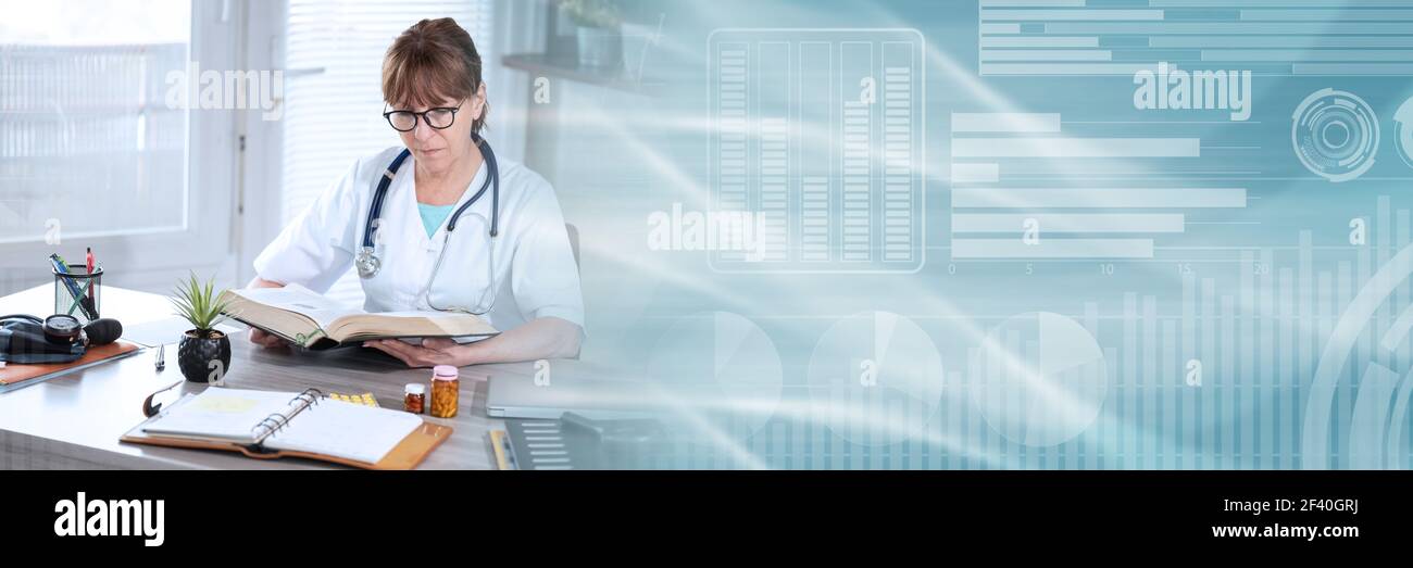 Female doctor reading a textbook in medical office; panoramic banner ...