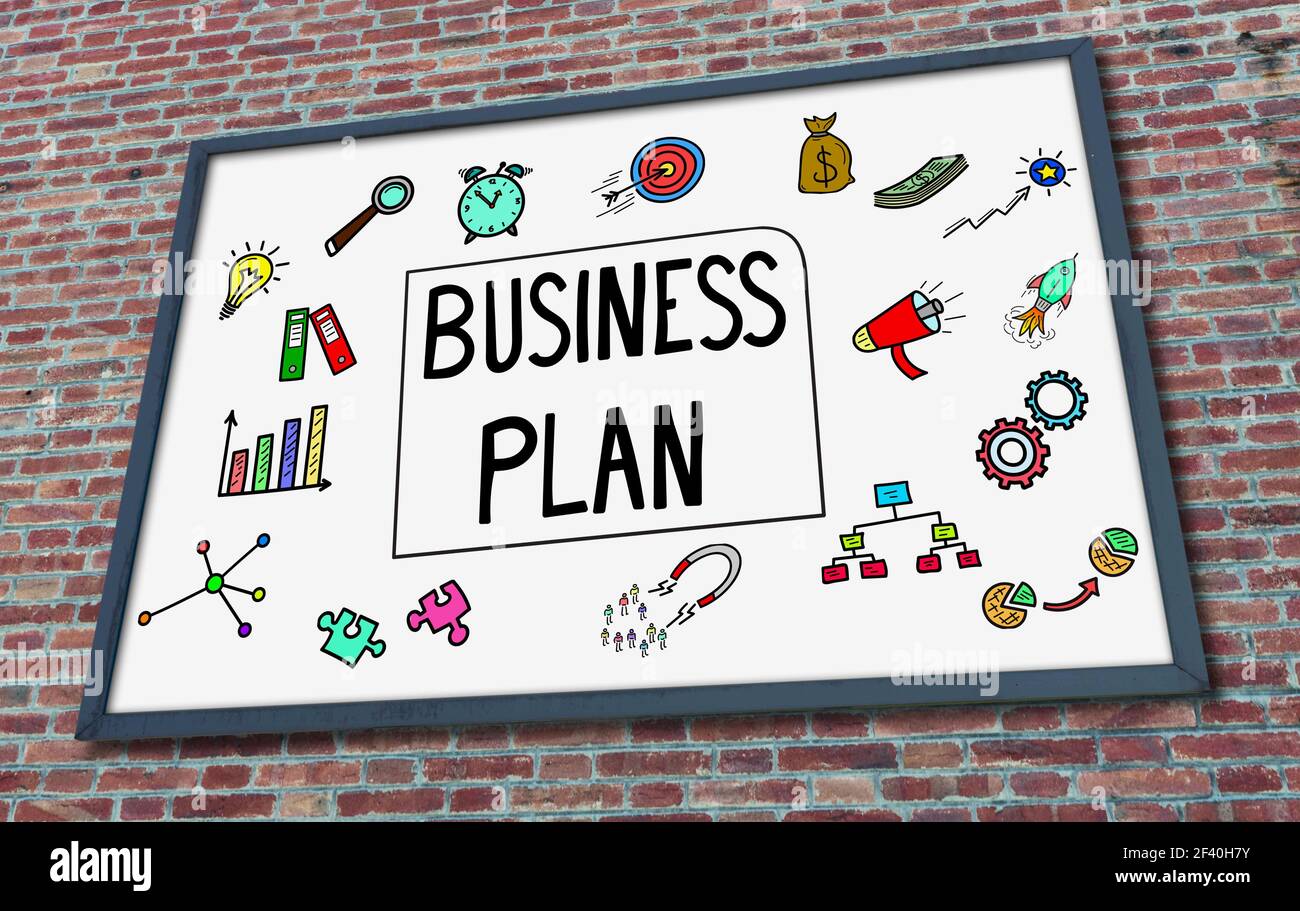 Business plan concept drawn on a billboard fixed on a brick wall Stock ...
