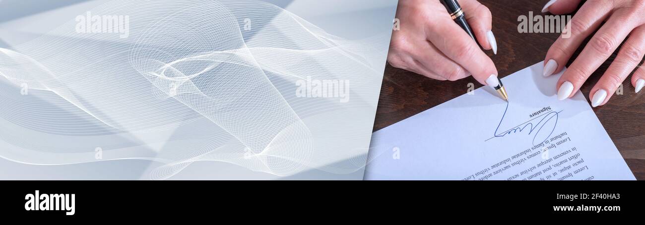 Female hand signing a contract. panoramic banner Stock Photo - Alamy