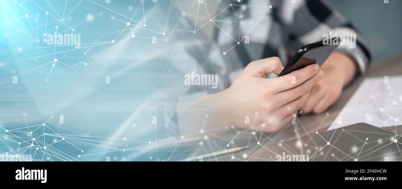 Female hands using a mobile phone; panoramic banner Stock Photo - Alamy