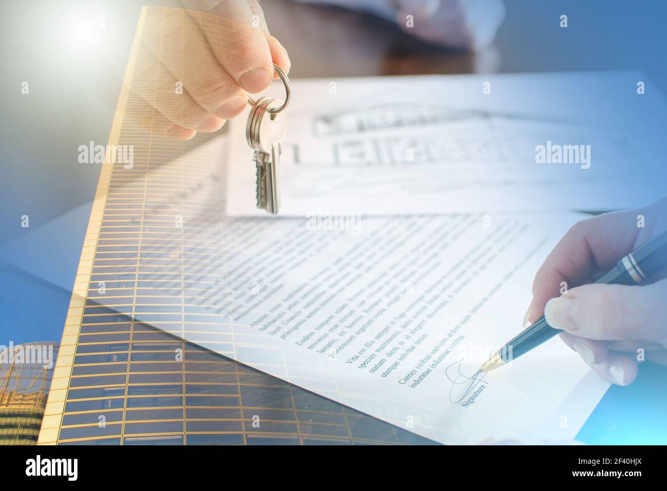 Realtor showing house keys and woman signing a real estate contract ...