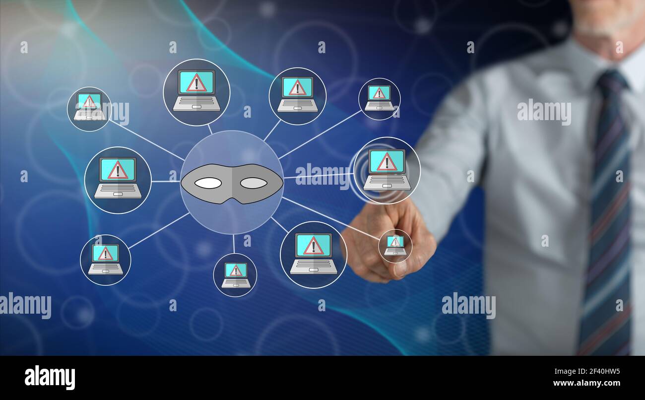 Man touching a cyber attack concept on a touch screen with his finger ...