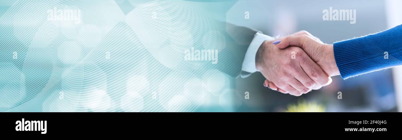 Handshake between businesswoman and businessman; panoramic banner Stock ...