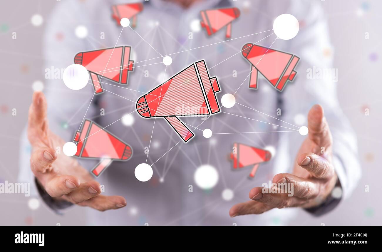 Digital marketing concept above the hands of a man in background Stock ...