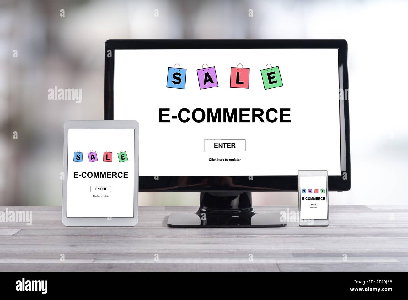 E-commerce concept shown on different information technology devices ...