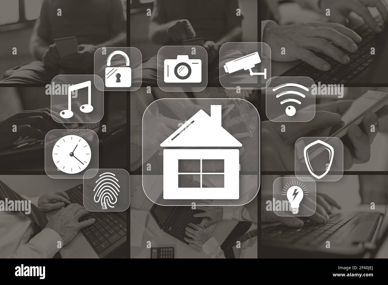Smart home automation concept illustrated by pictures on background ...