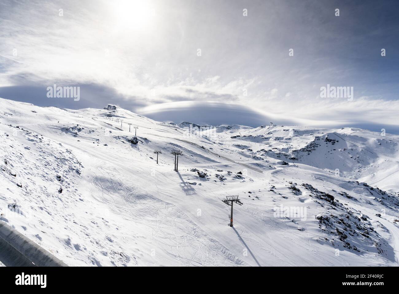 Spain, Andalusia, Granada. Ski resort of Sierra Nevada in winter, full ...