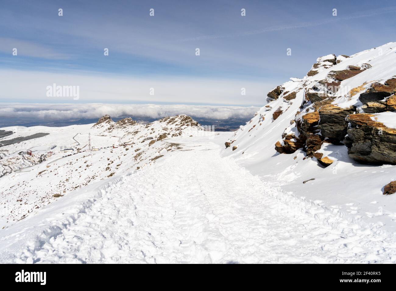 Spain, Andalusia, Granada. Ski resort of Sierra Nevada in winter, full ...