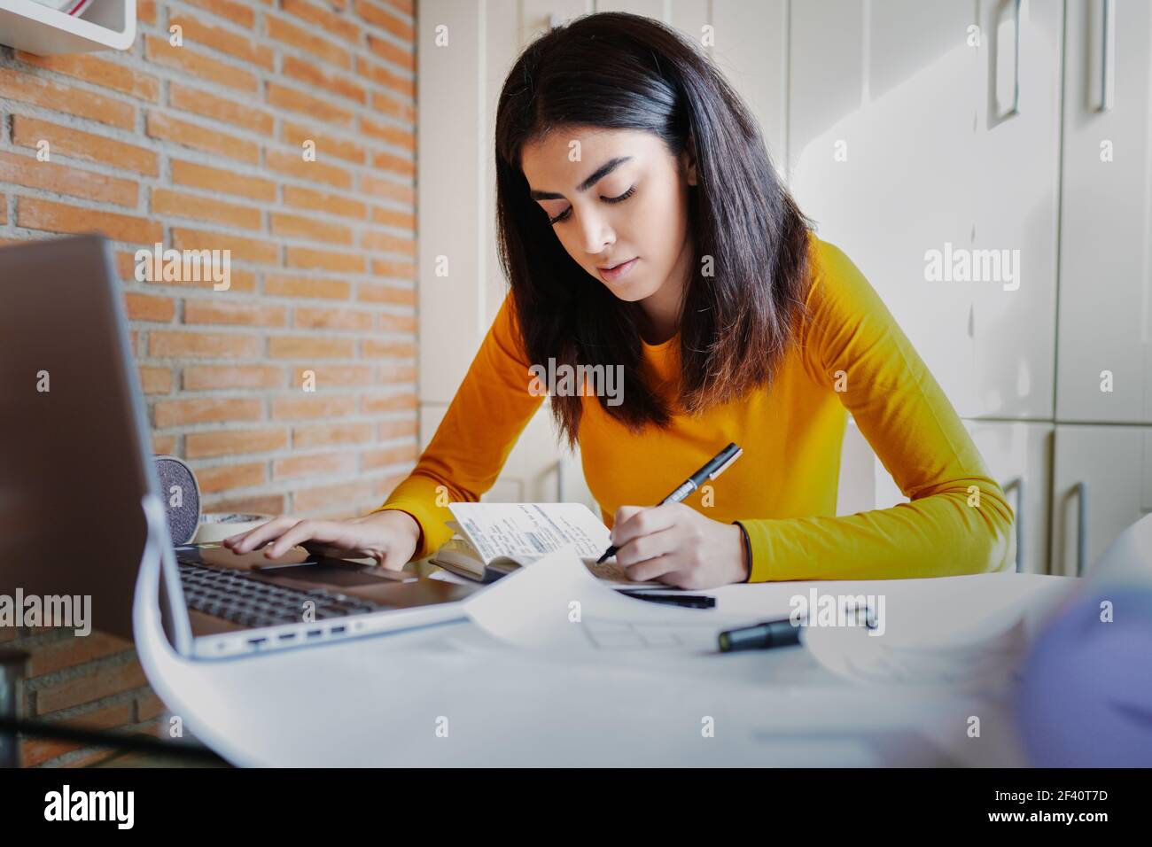 Female architect working at home with a laptop and blueprints. Persian ...