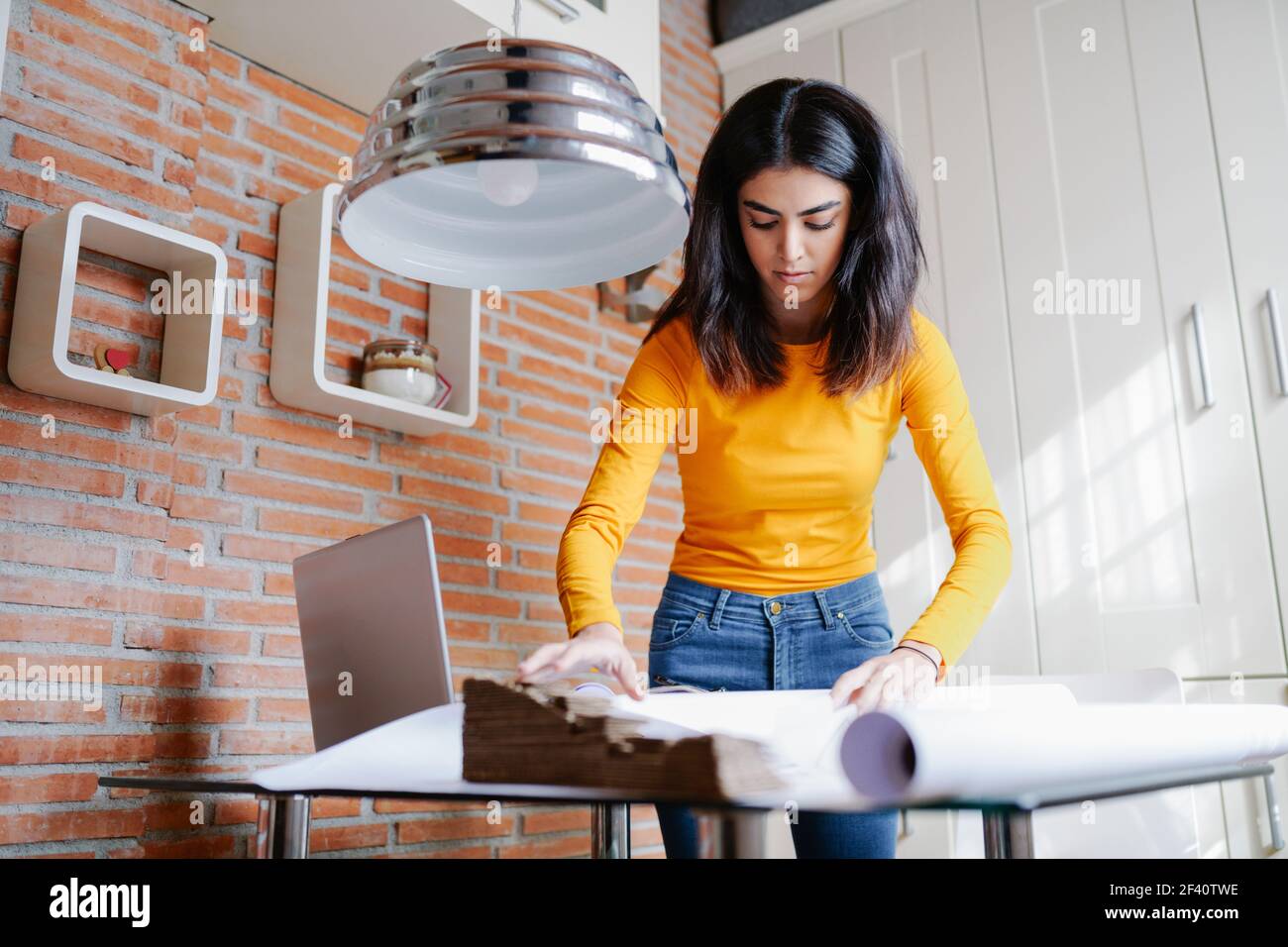 Female architect working at home with a laptop and blueprints. Persian ...