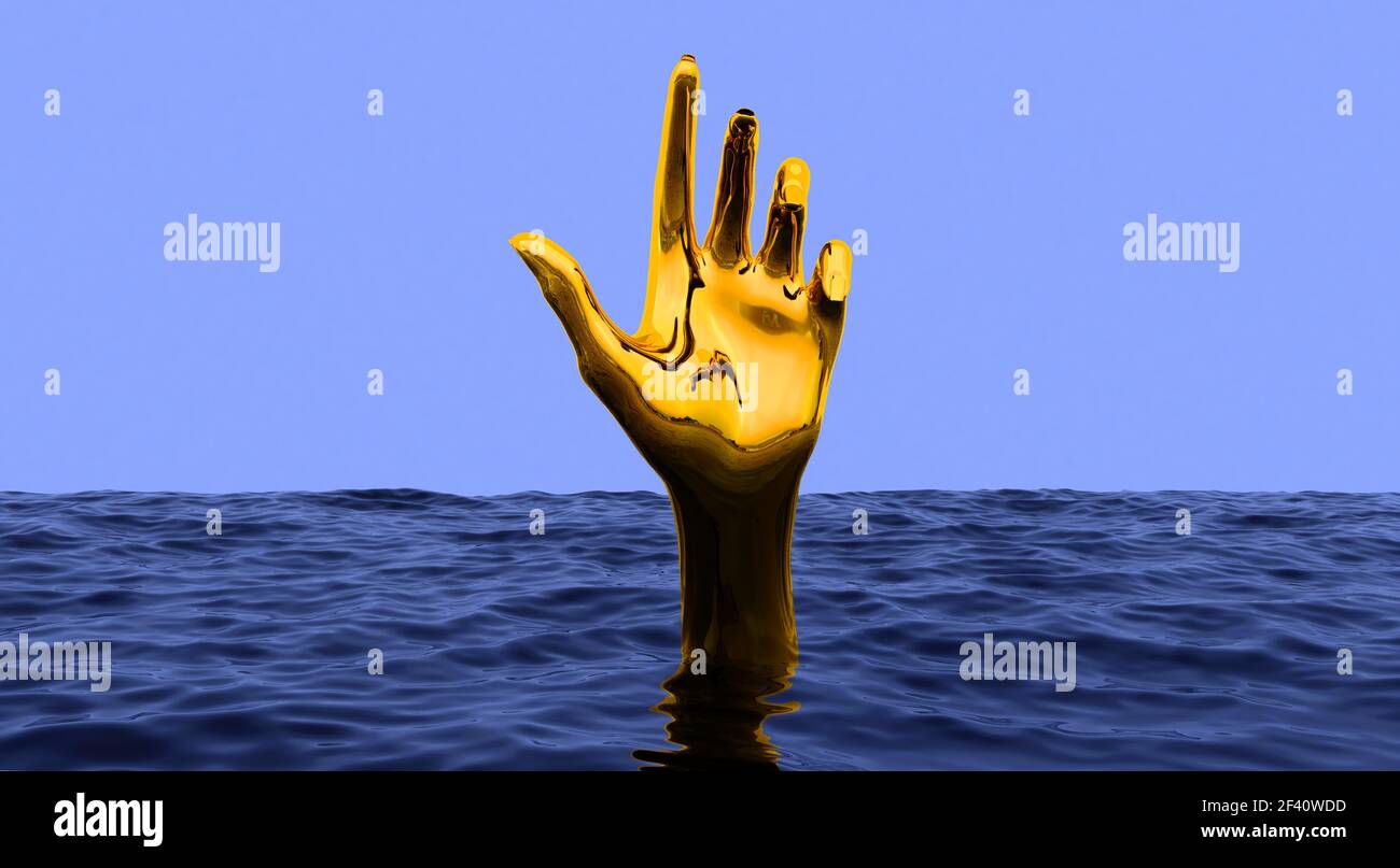 Surreal vaporwave concept with golden hand gesturing from underwater ...