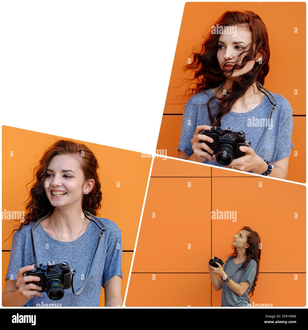 Collage girl with camera on orange background, copyspace in mockup ...