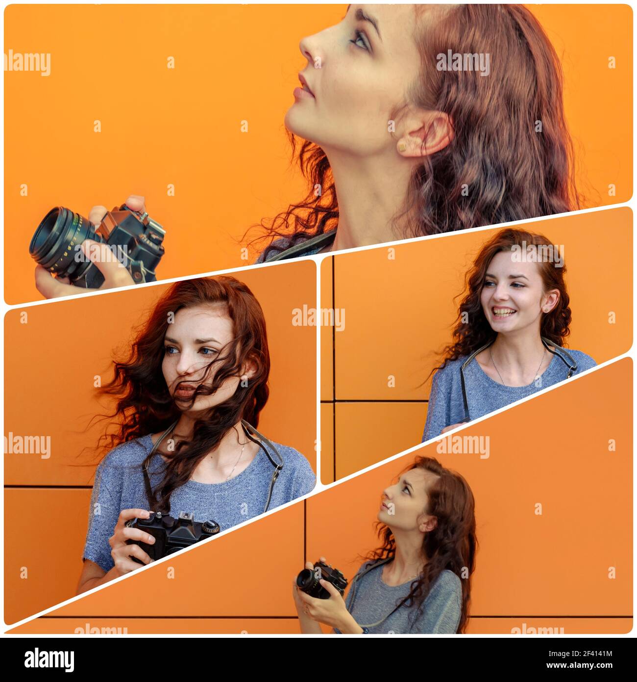 Collage girl with vintage camera on orange background. Collage girl ...