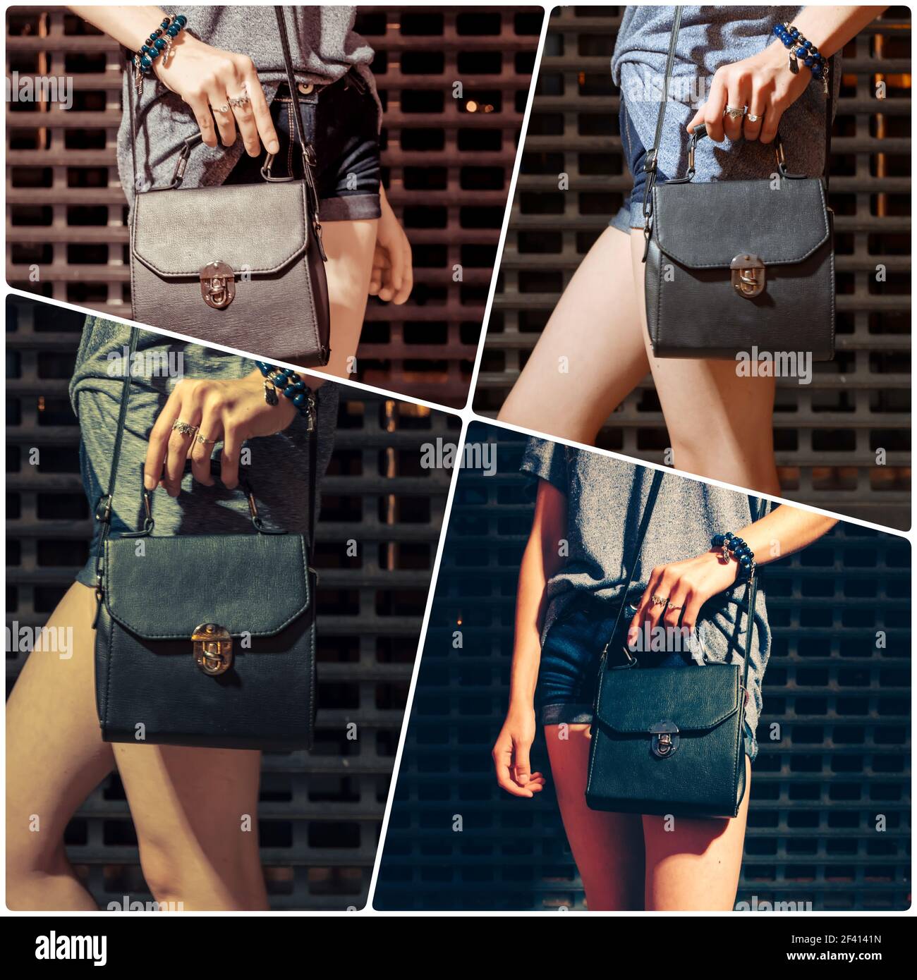 Collage of mid section of girl with black leather handbag. Collage of ...