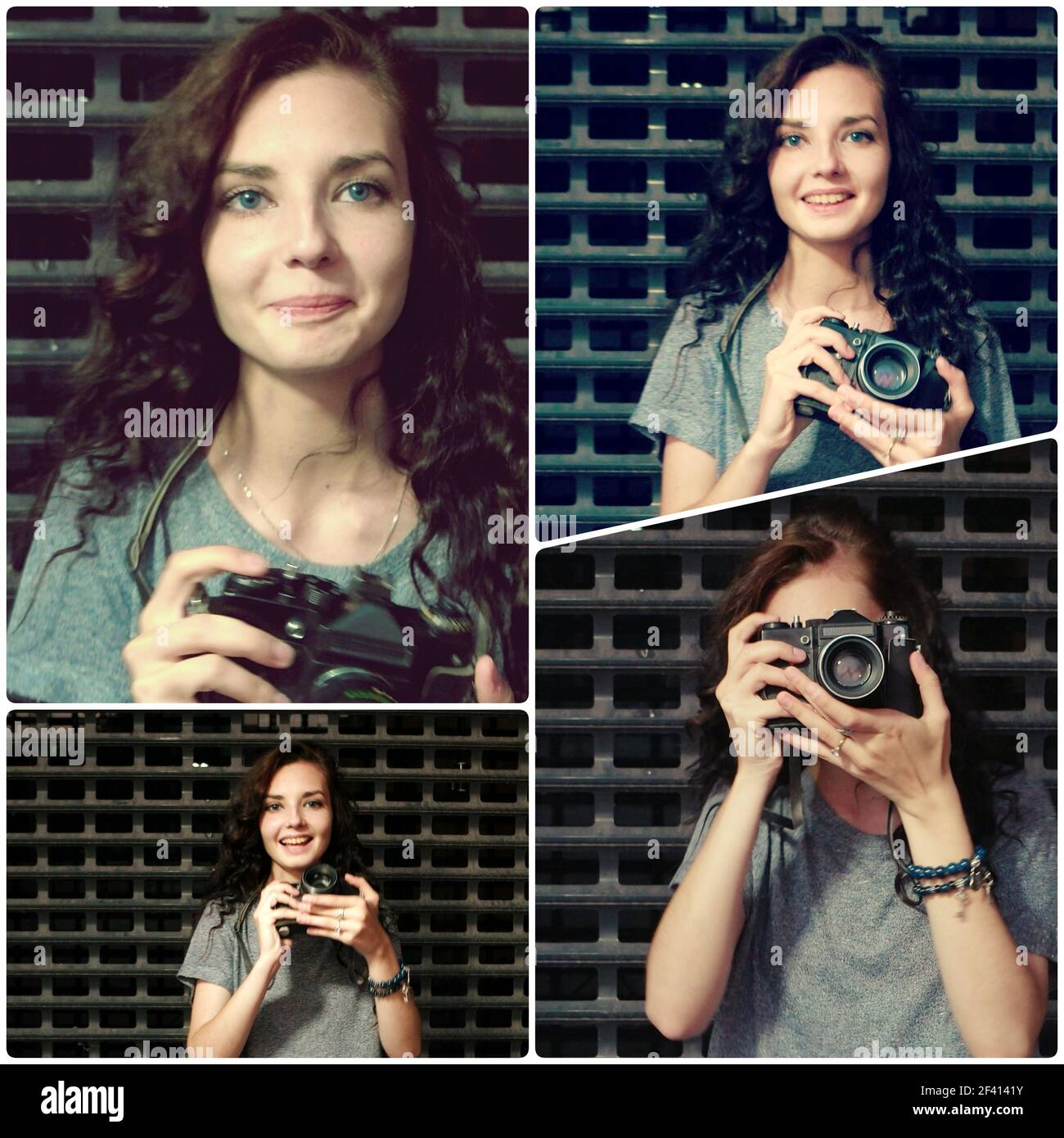 Collage girl posing with vintrage film camera. Collage girl posing with ...