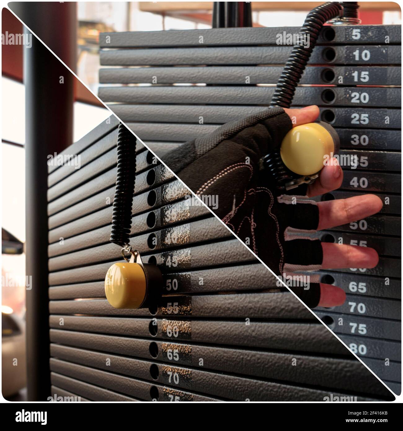 Hand in gym glove setting right weight on gym trainer, collage Stock ...