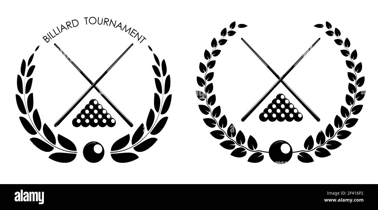 symbol, emblem of billiard cues and pool ball set with laurel wreath ...