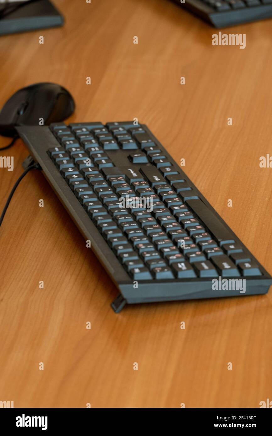 Angle View Keyboard and mouse of computer on wooden table.. Angle View ...