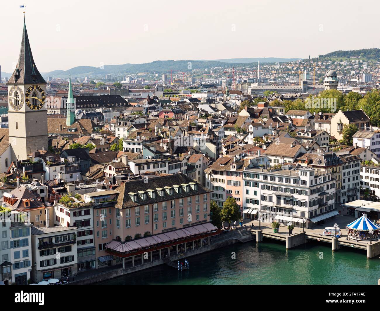 Old Town Zurich, over view of city with St. Peter's Church clock tower ...
