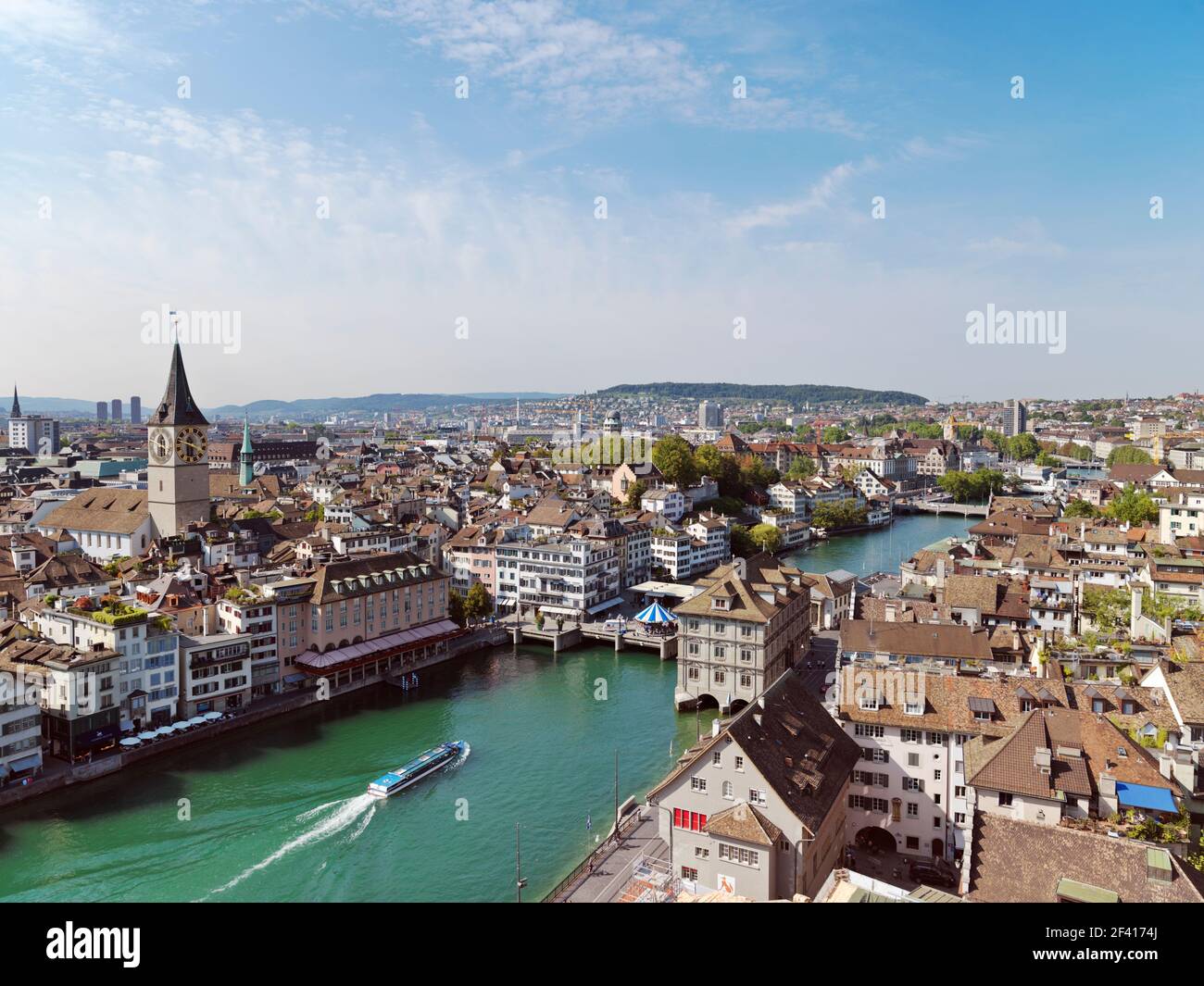 Old Town Zurich view of city and St. Peter's Church clock tower and the ...