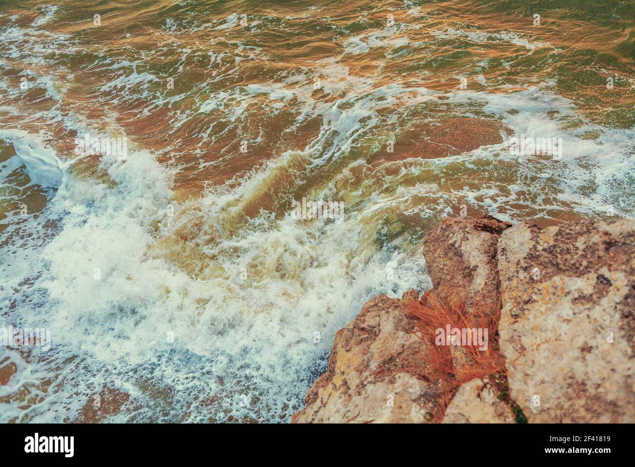 Sea landscape with waves and cliffs, copyspace. Sea landscape with ...