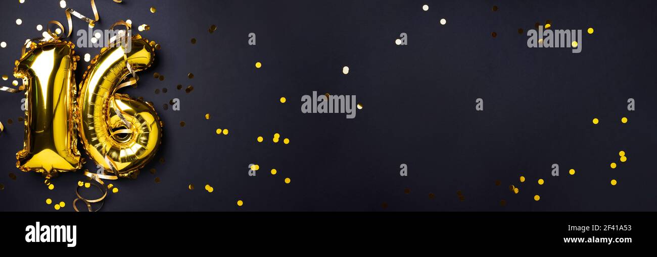 Gold foil balloon number, digit sixteen. Birthday greeting card ...