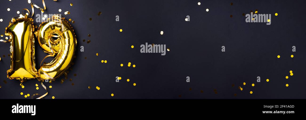 Gold foil balloon number, digit nineteen. Birthday greeting card, inscription 19. Anniversary ...