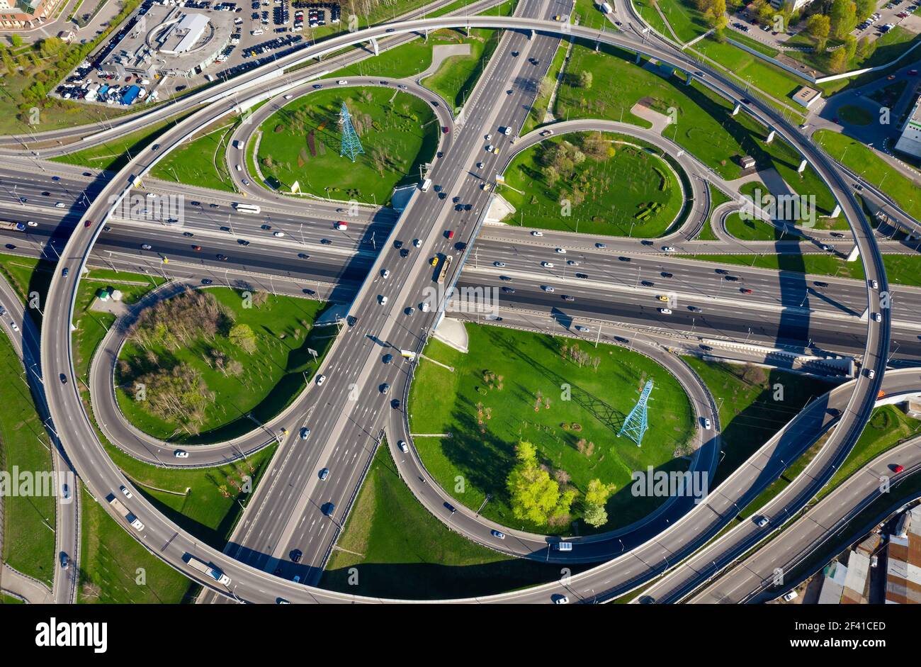Aerial view of a freeway intersection traffic trails in Moscow Stock ...