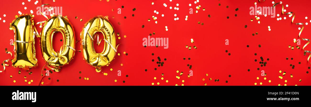 Gold foil balloon number, digit one hundred. Birthday greeting card ...