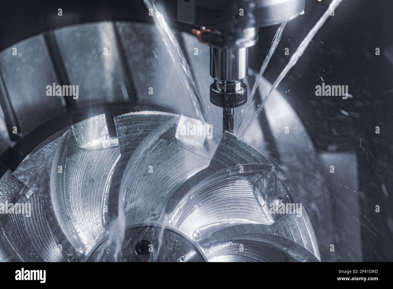 Metalworking CNC lathe milling machine. Cutting metal modern processing technology. Milling is ...