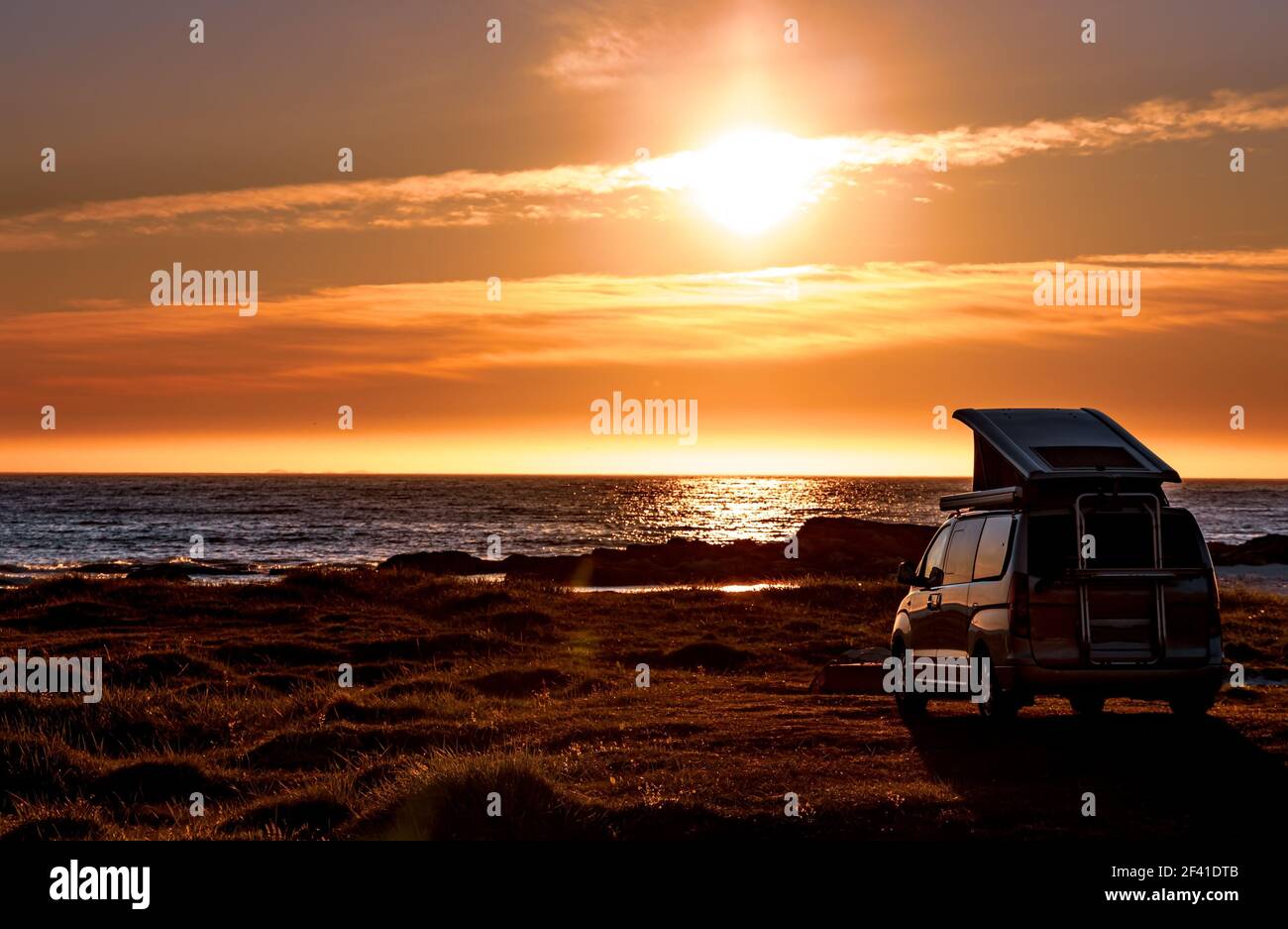 Camping car minivan on the beach at sunset. Beautiful Nature Norway ...