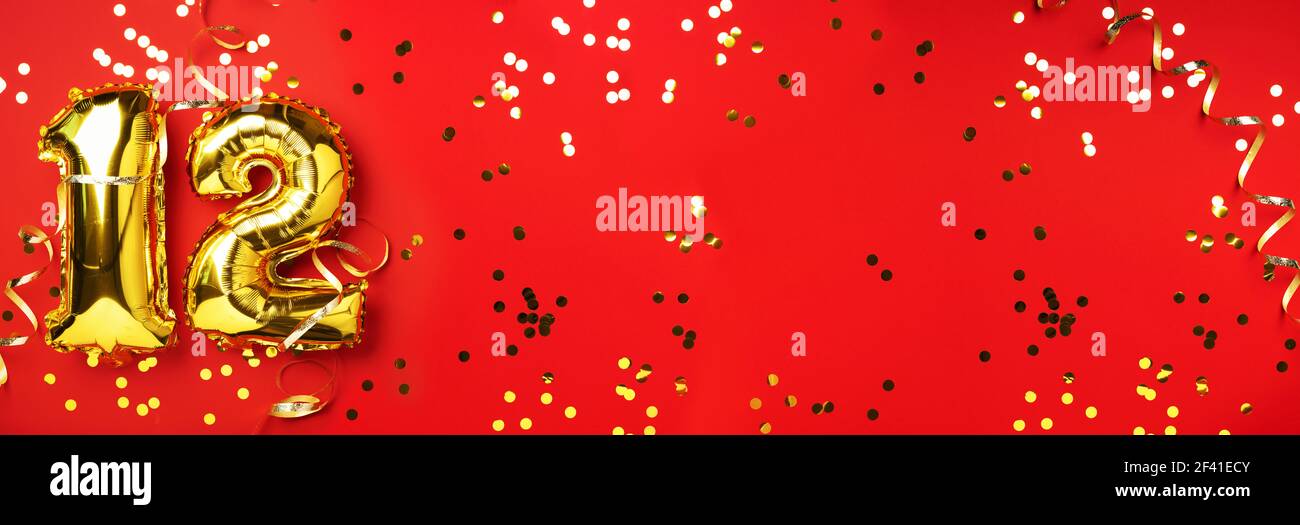 Gold foil balloon number, digit twelve. Birthday greeting card ...