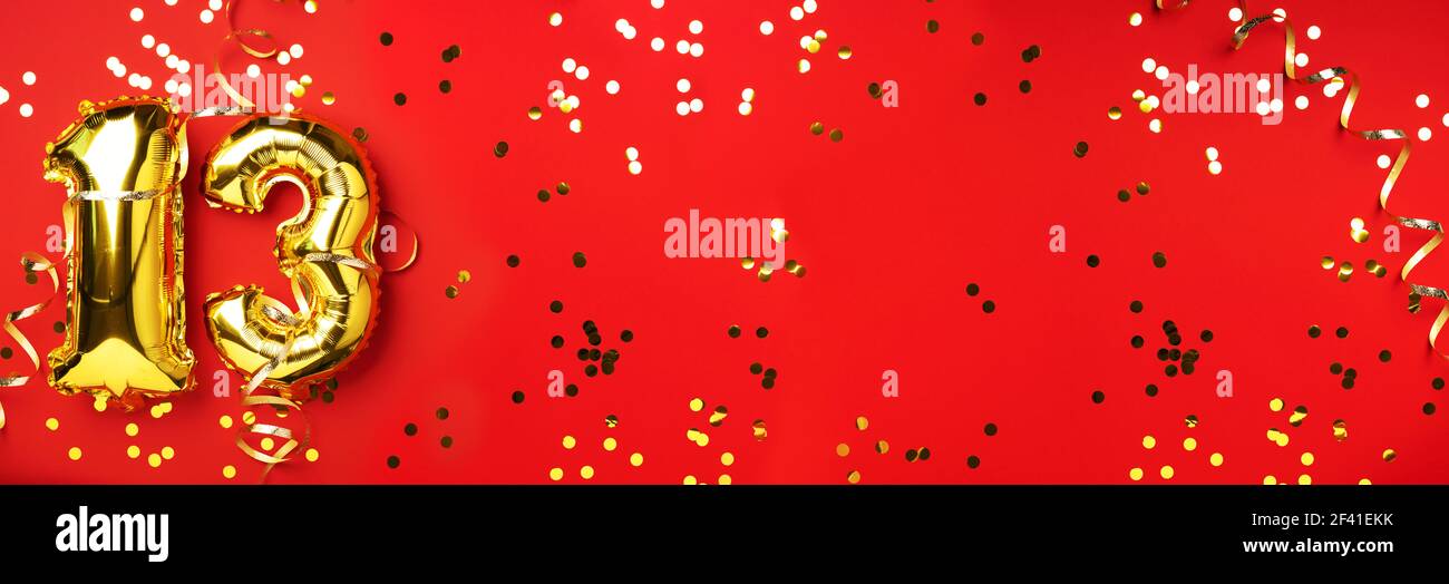 Gold foil balloon number, digit thirteen. Birthday greeting card ...