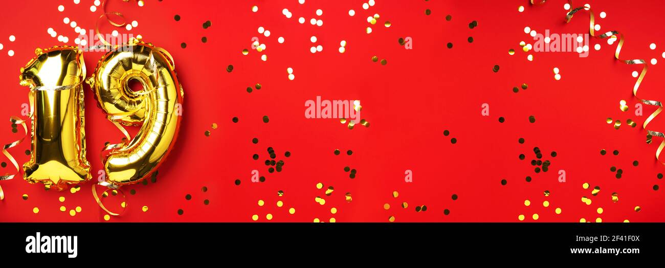 Gold foil balloon number, digit nineteen. Birthday greeting card, inscription 19. Anniversary ...