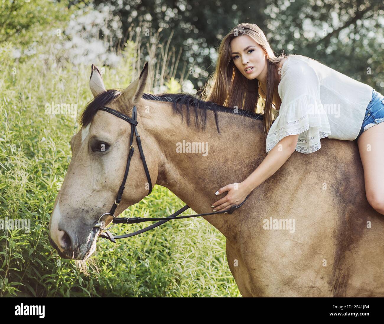 Portrait of the cute brunette woman riding a brown horse Stock Photo - Alamy