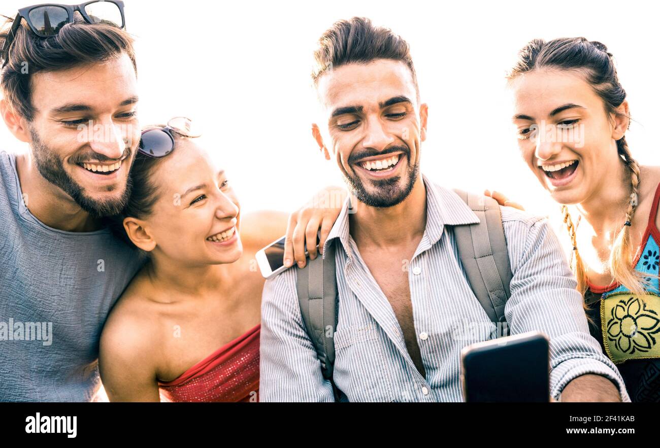 Friends group having fun using mobile smart phone - Technology ...