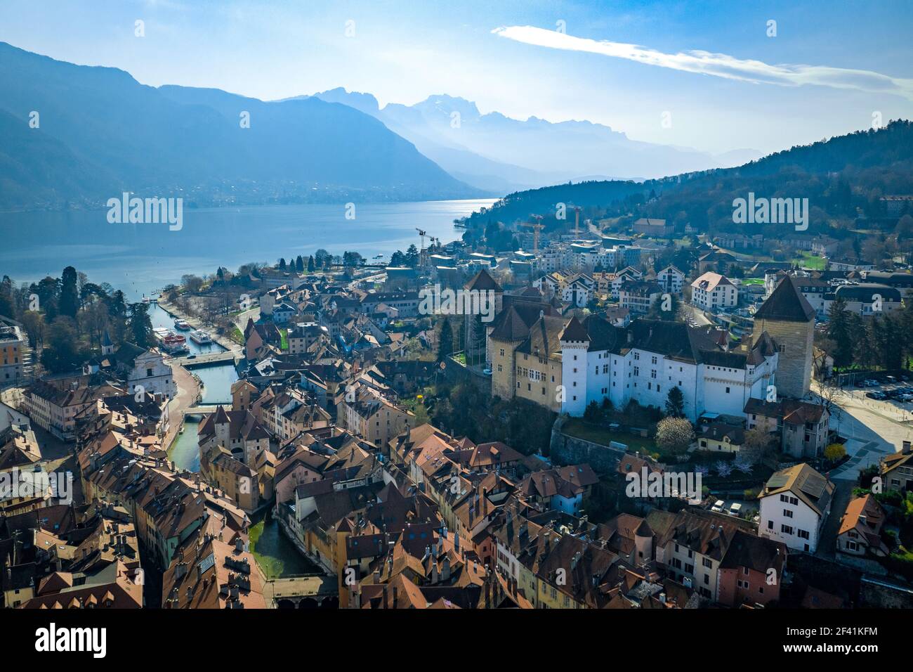 Stunning aerial view of buildings in Annecy city center by the lake in ...