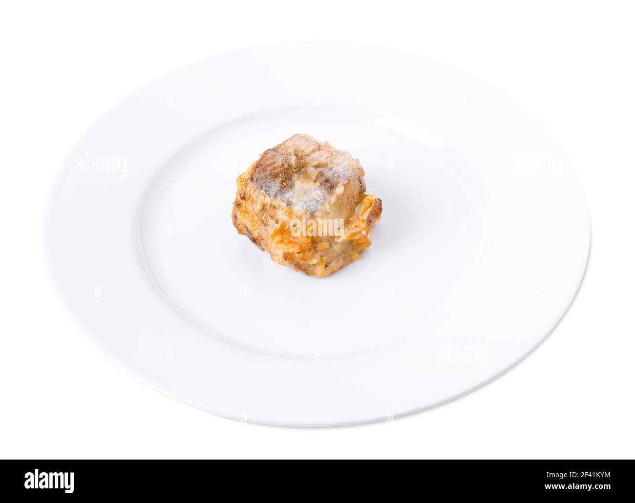 Battered hake fish. Isolated on a white background Stock Photo - Alamy