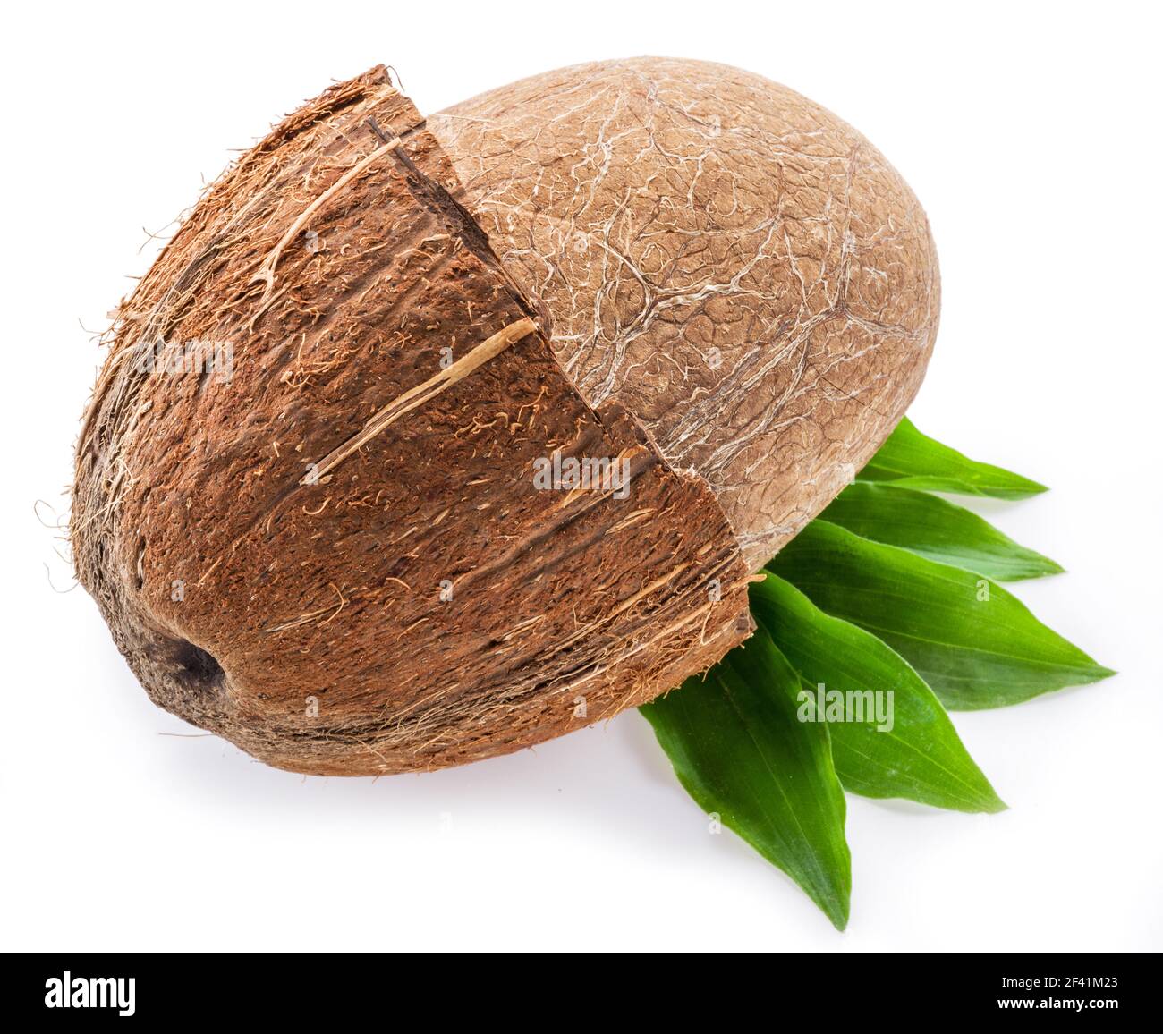 Split coconut fruit with whole inside seed over green leaves isolated ...