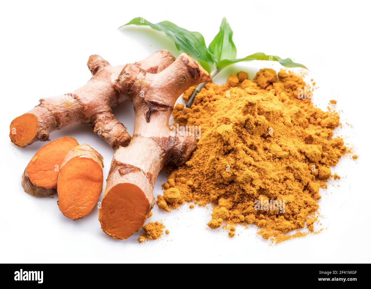 Fresh turmeric rhizome and turmeric powder isolated on white background ...