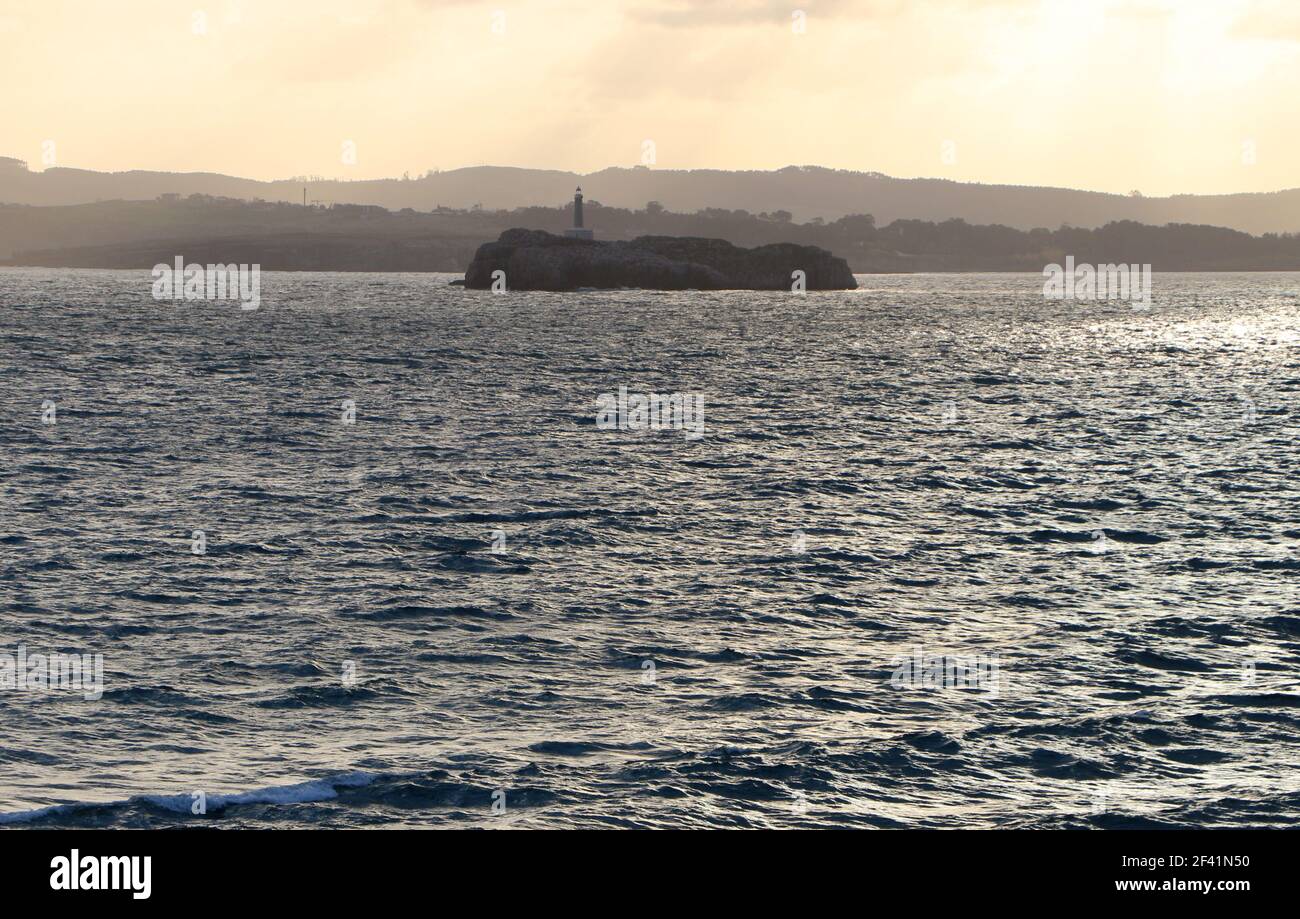 Coastal view with the Mouro Island and lighthouse Santander Cantabria ...
