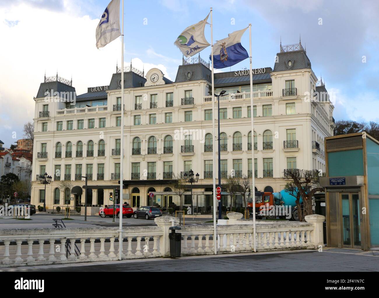 Front facade of the newly rebuilt Hotel Sardinero with flagpoles and ...