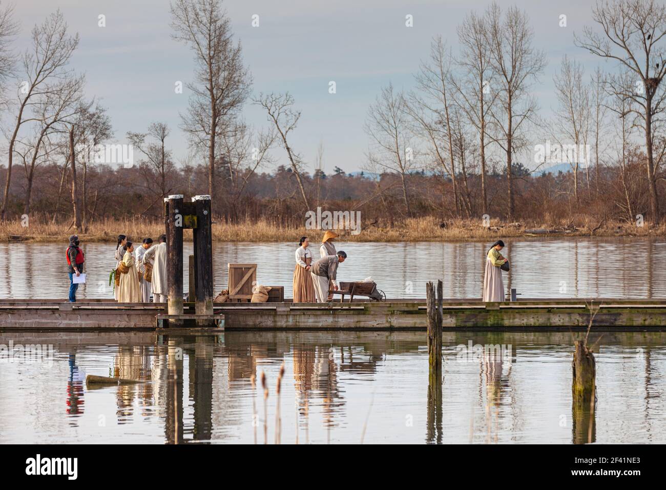 Actors performing in a Korean movie being filmed in Steveston British ...