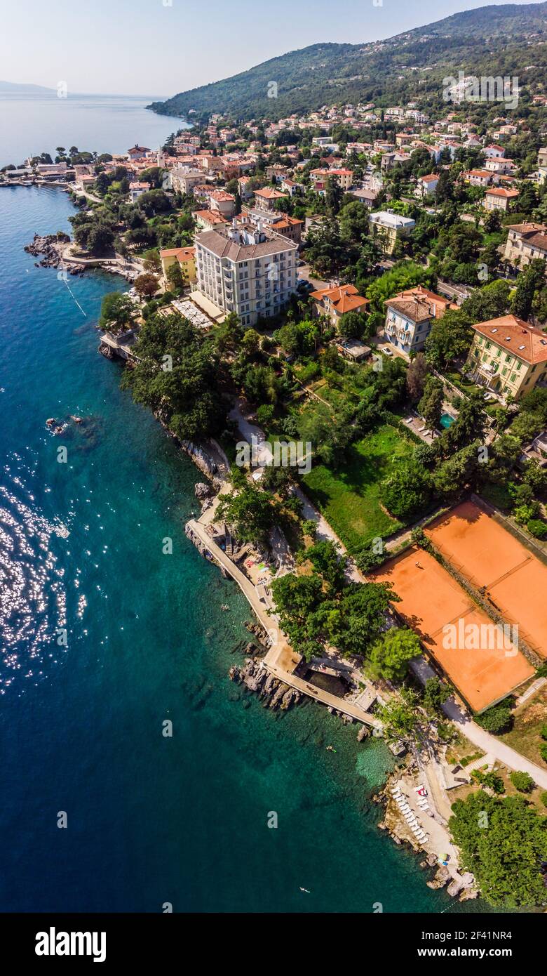 Beautiful panoramic view of Lovran village and its sea shore in Croatia ...