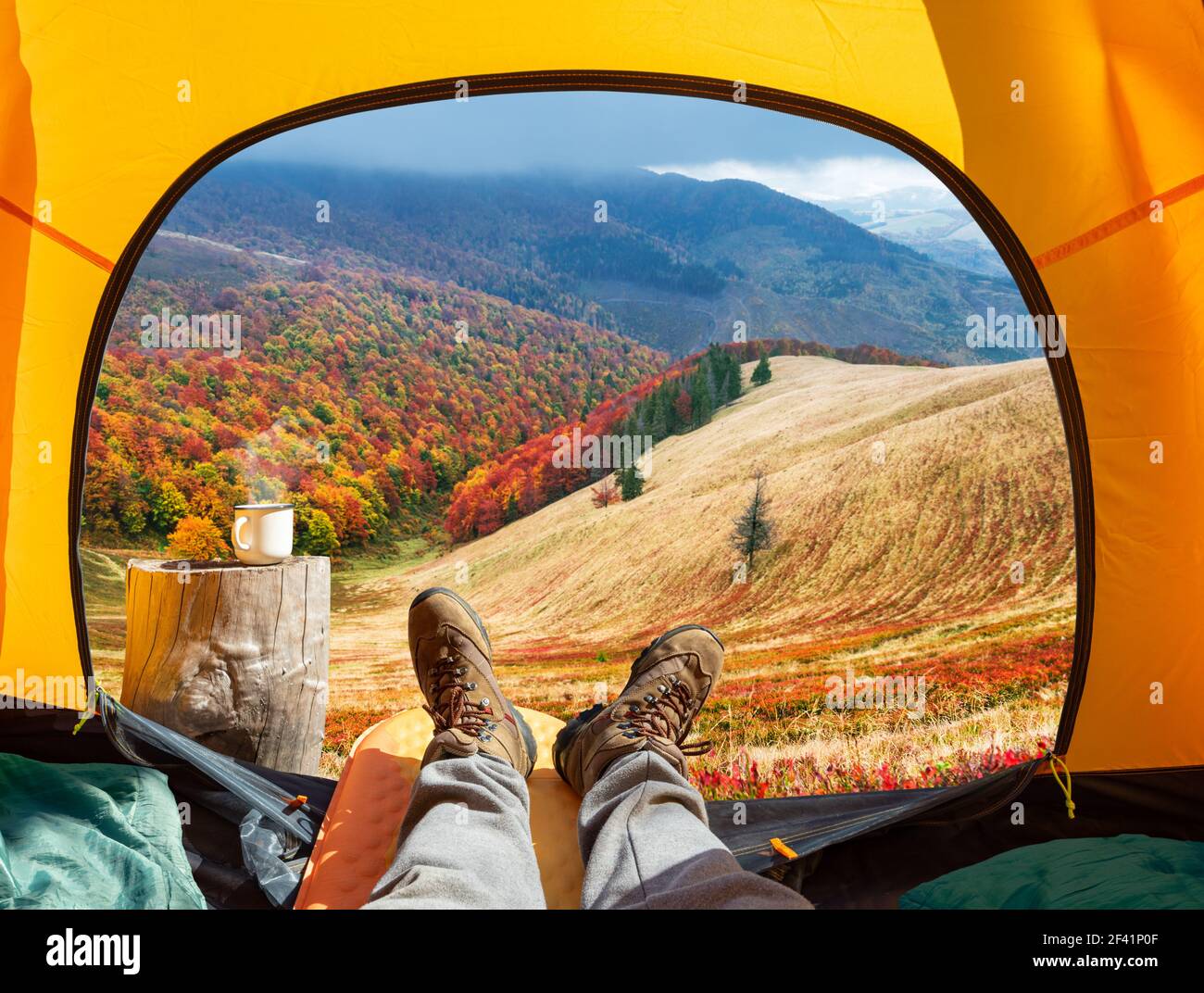 Spectacular view of nature from open tent entrance. The beauty of ...